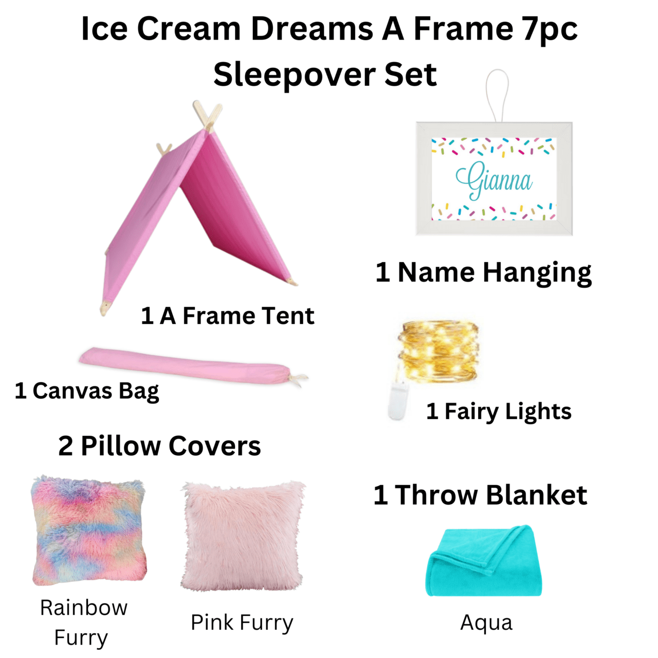 Ice Cream Dreams A Frame 7 pc Sleepover Set - Sleepover Party Shop