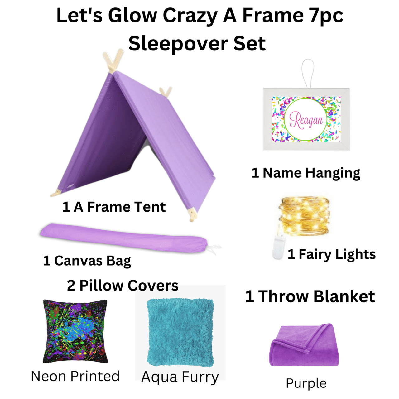Let's Glow Crazy A Frame 7 pc Sleepover Set - Sleepover Party Shop